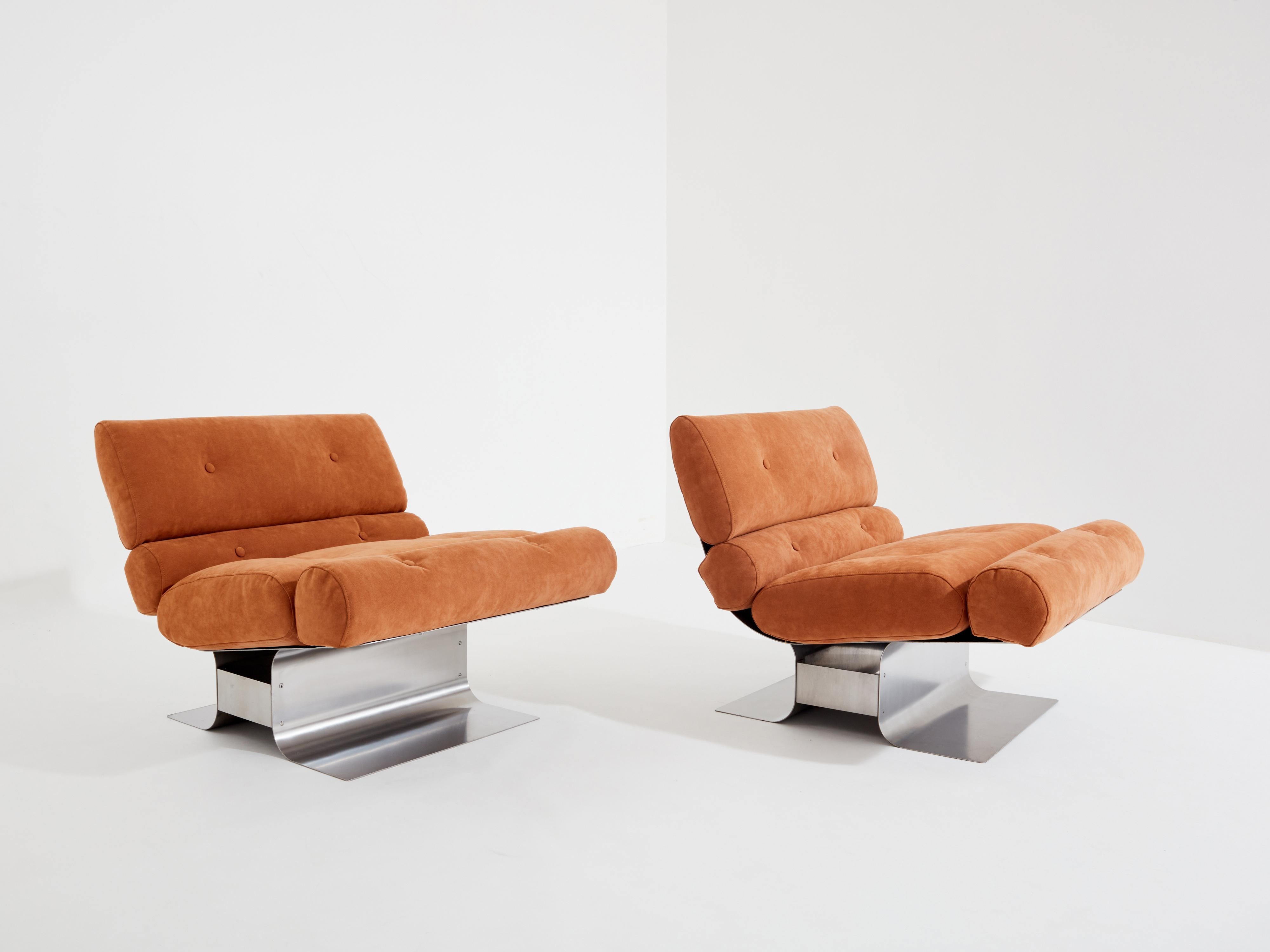 François Monnet for Kappa stainless steel suede armchairs 1970 For Sale ...