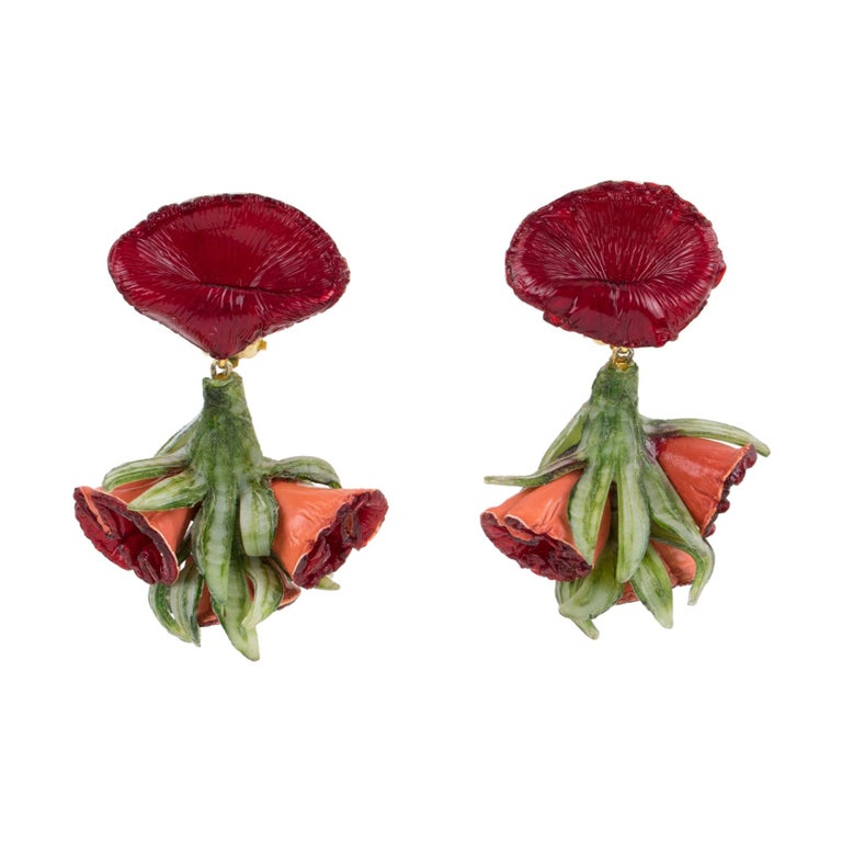 Francoise Montague by Cilea Clip Earrings Red and Green Resin Flowers ...