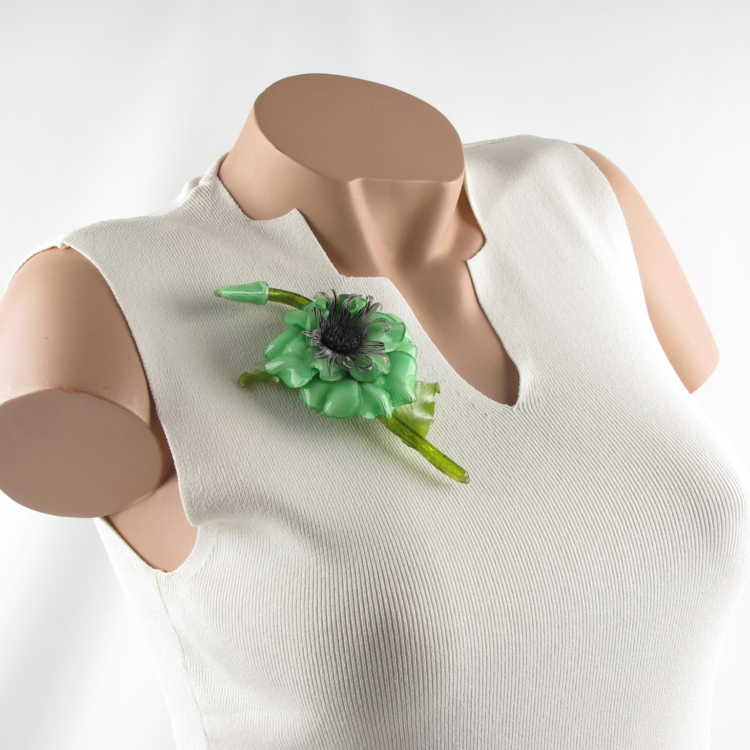 Francoise Montague by Cilea Green Flower Resin Pin Brooch at 1stDibs