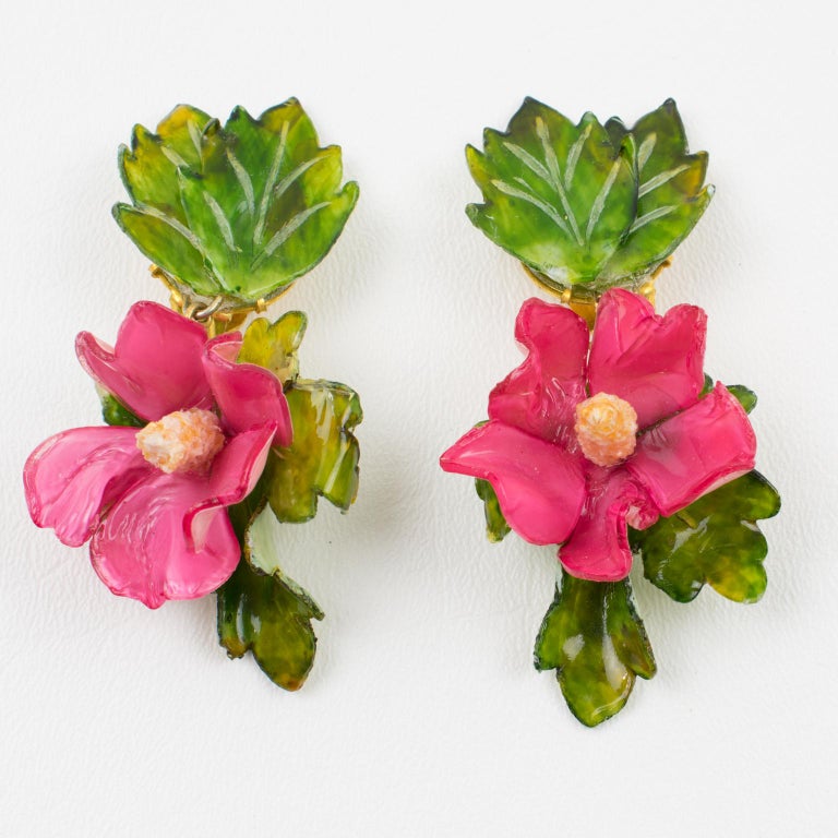 Francoise Montague Paris Clip Earrings Resin Hibiscus Flower For Sale ...