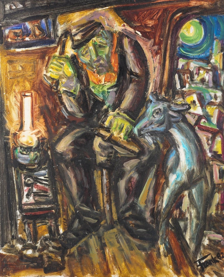 Frank - Frank - 1982 Oil, The Old Farmer and Goat For Sale at 1stDibs