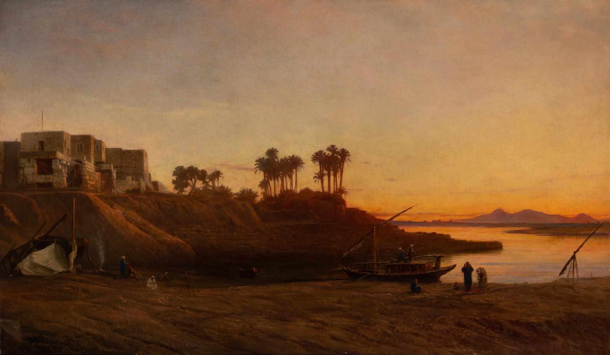 Frank Dillon - Sunset on the Banks of the Nile, British Orientalist, Signed and Dated 1889 For ...