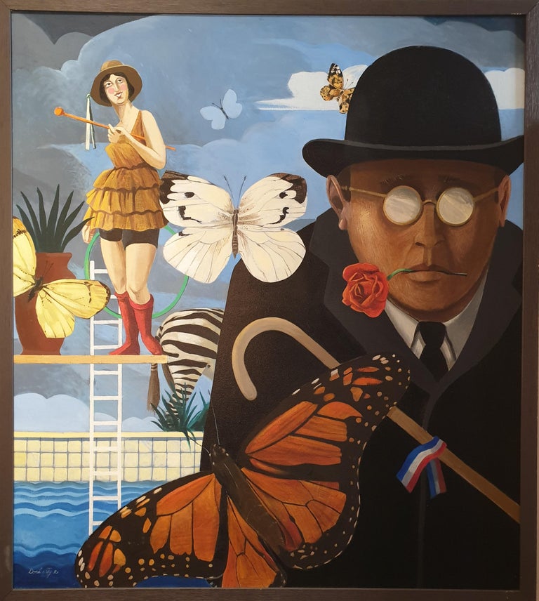 Frank Docherty - Large Surrealist Oil on Canvas. ''She brought Colour ...