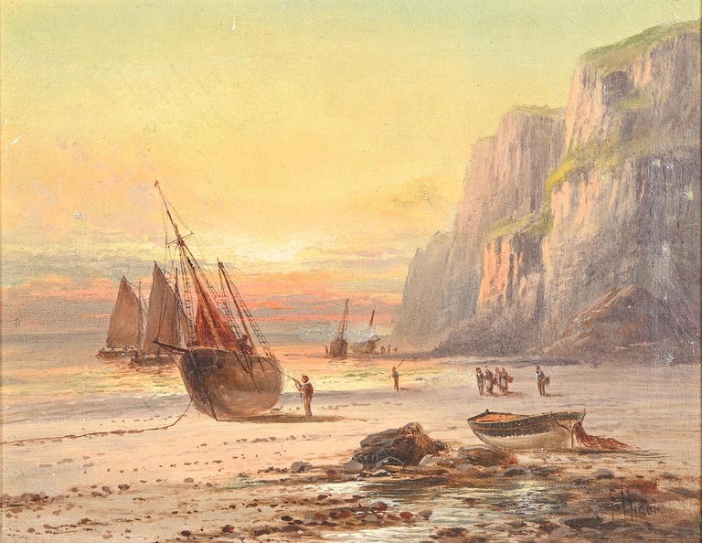 Frank Hider - Antique English Oil Painting Fisherfolk on Coastal Rocky ...