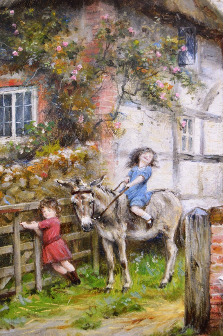 Frank Moss Bennett - Genre oil painting of a child riding a donkey near ...