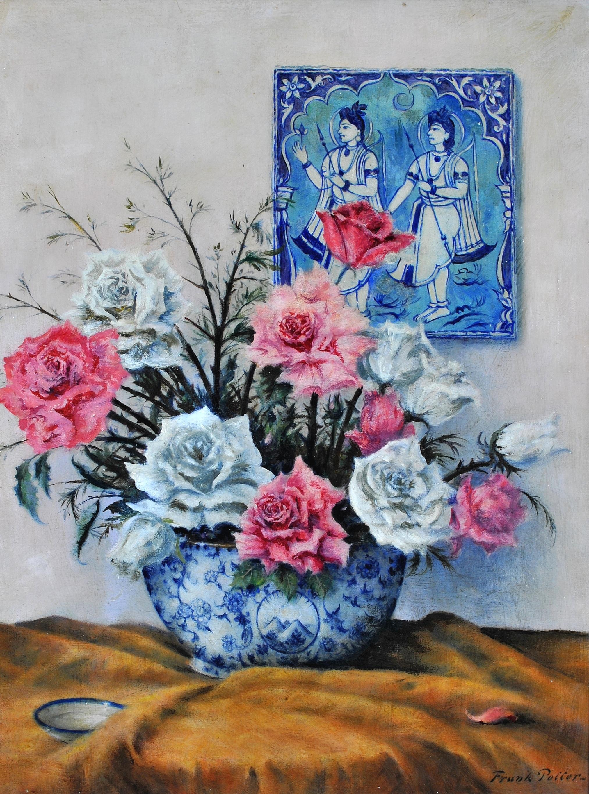 Frank Potter - Roses and Indian Tile - Mid 20th Century Flowers Floral Still Life Oil Painting ...