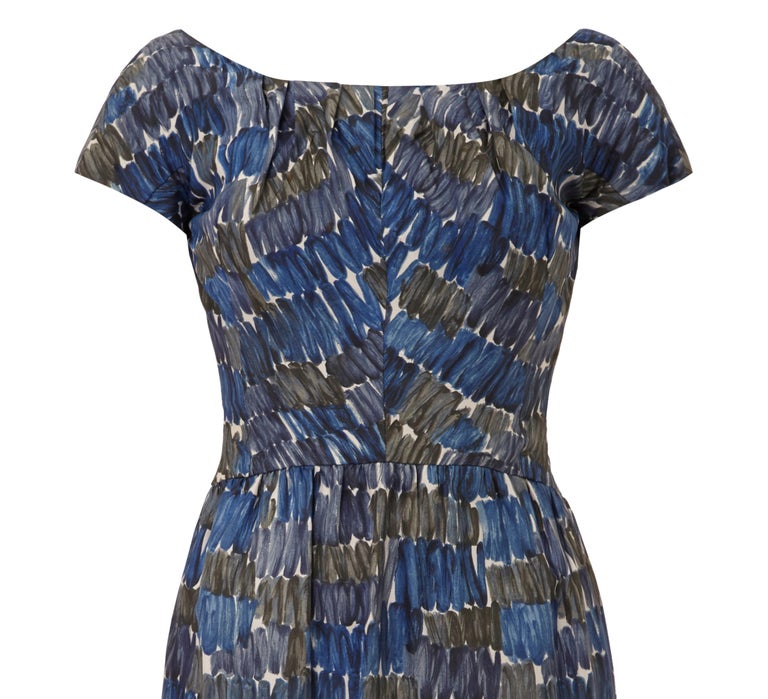 Frank Usher 1950s Printed Abstract Blue Silk Dress at 1stDibs