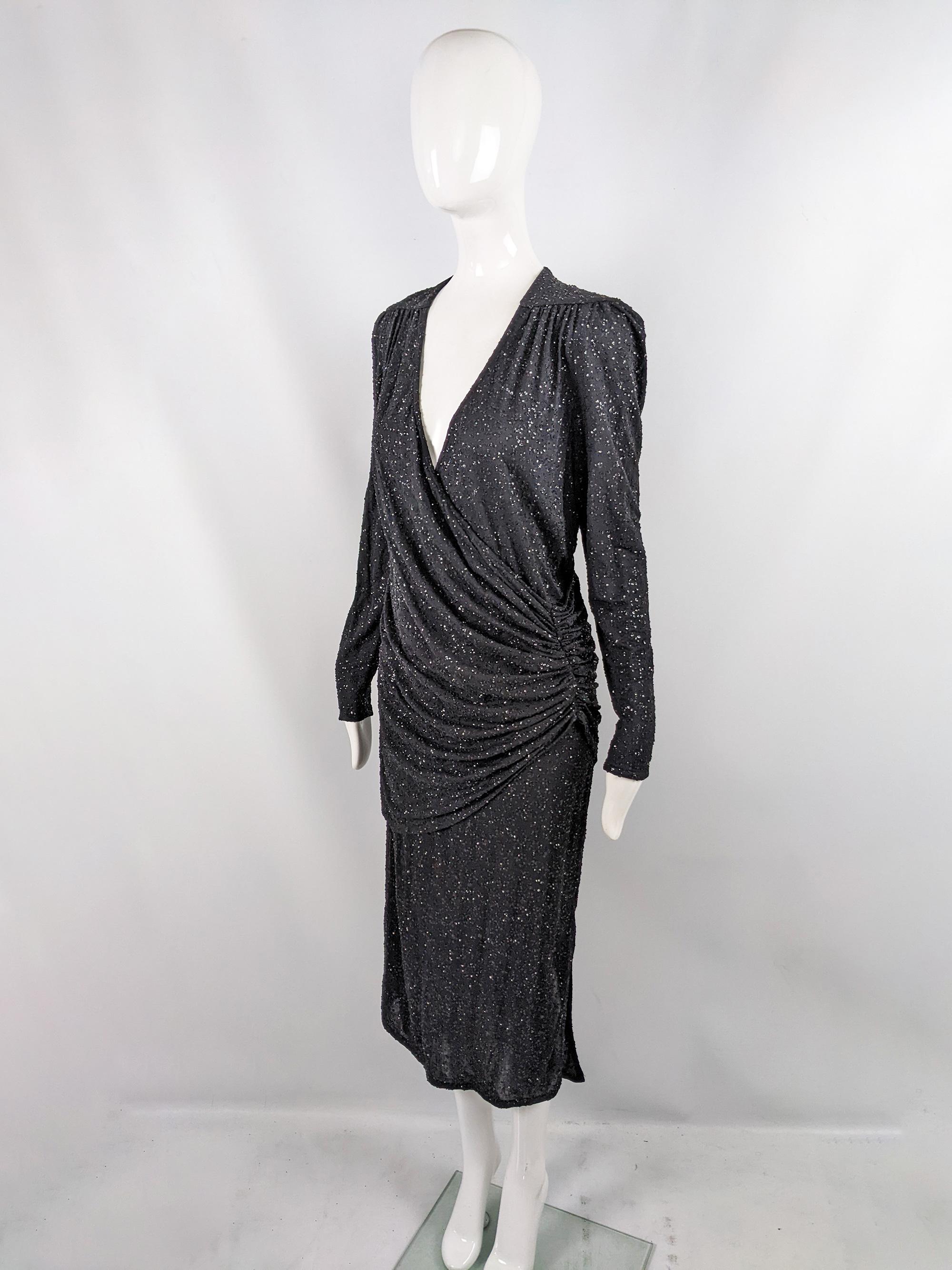 Frank Usher Vintage Black Sequin Glitter Long Sleeve Ruched Party Dress ...