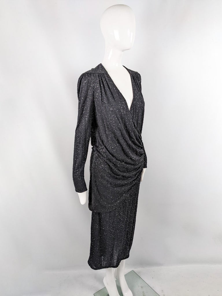 Frank Usher Vintage Black Sequin Glitter Long Sleeve Ruched Party Dress ...