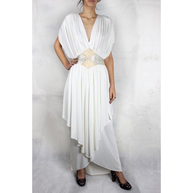 Frank Usher white draped evening dress, early 1970s For Sale at 1stDibs