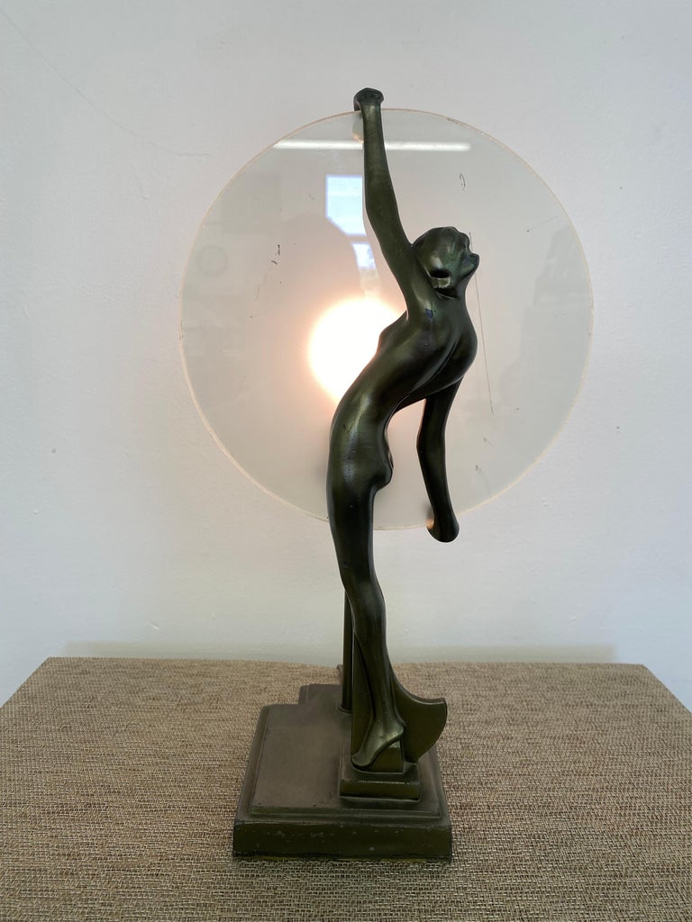 Frankart Frosted Glass Disc Lady Table Lamp For Sale at 1stDibs