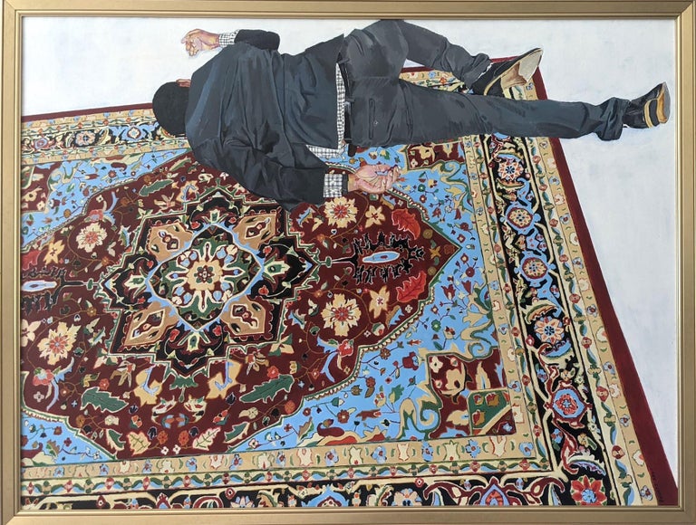 Frantz Lexy - "Man on rug", acrylic, oriental, blue, beige, green ...