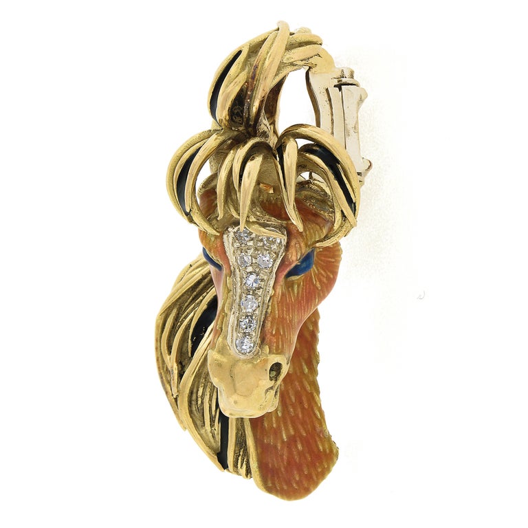 Frascarolo and Co. 18k Gold Detailed Enamel 3D Horse Head Pin Brooch w ...