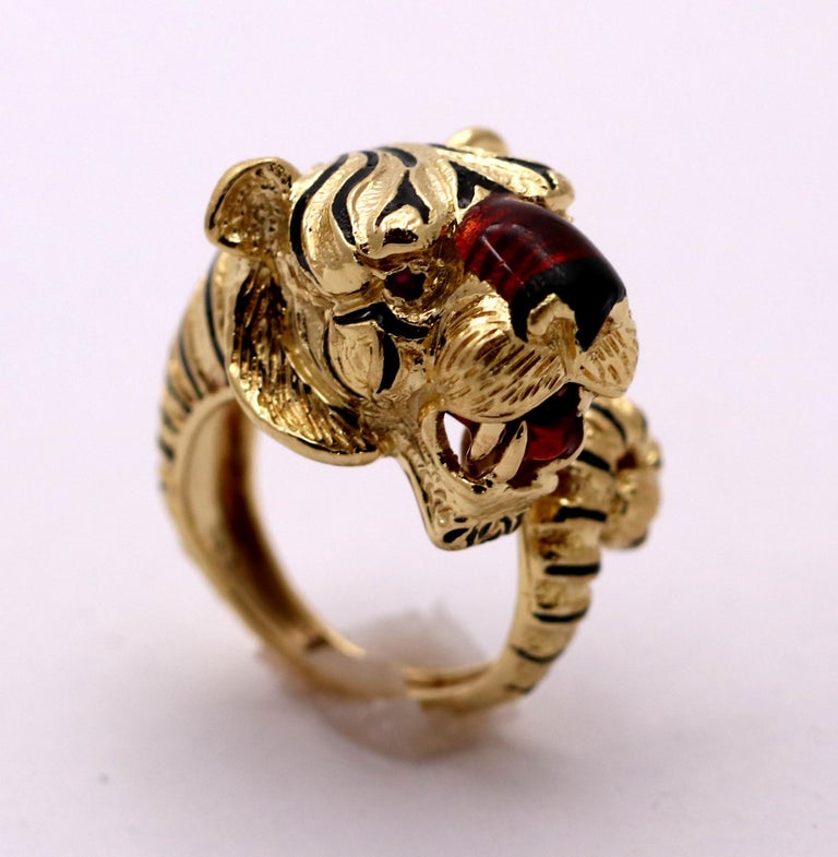 Frascarolo Gold and Enamel Tiger Ring with Ruby Eyes For Sale at ...