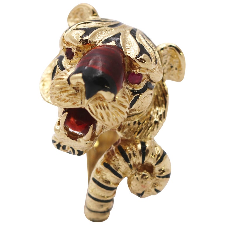 Frascarolo Gold and Enamel Tiger Ring with Ruby Eyes For Sale at ...