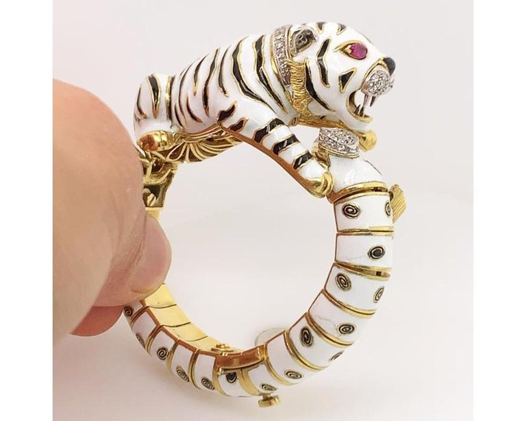 Frascarolo Gold Diamond Enamel Tiger Cuff Bracelet For Sale at 1stDibs