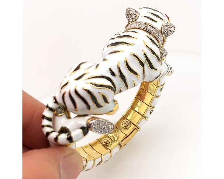 Frascarolo Gold Diamond Enamel Tiger Cuff Bracelet For Sale at 1stDibs