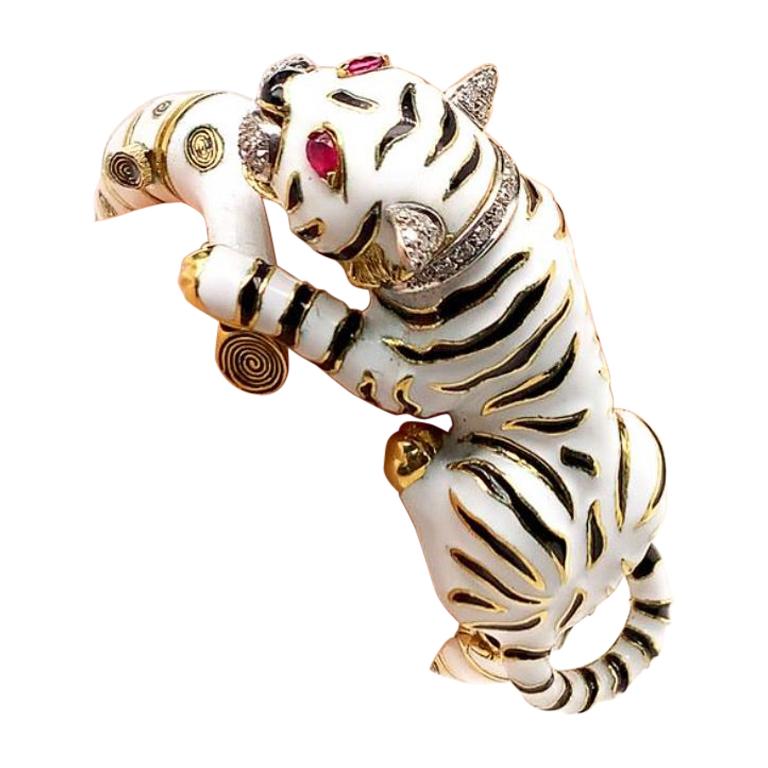 Frascarolo Gold Diamond Enamel Tiger Cuff Bracelet For Sale at 1stDibs