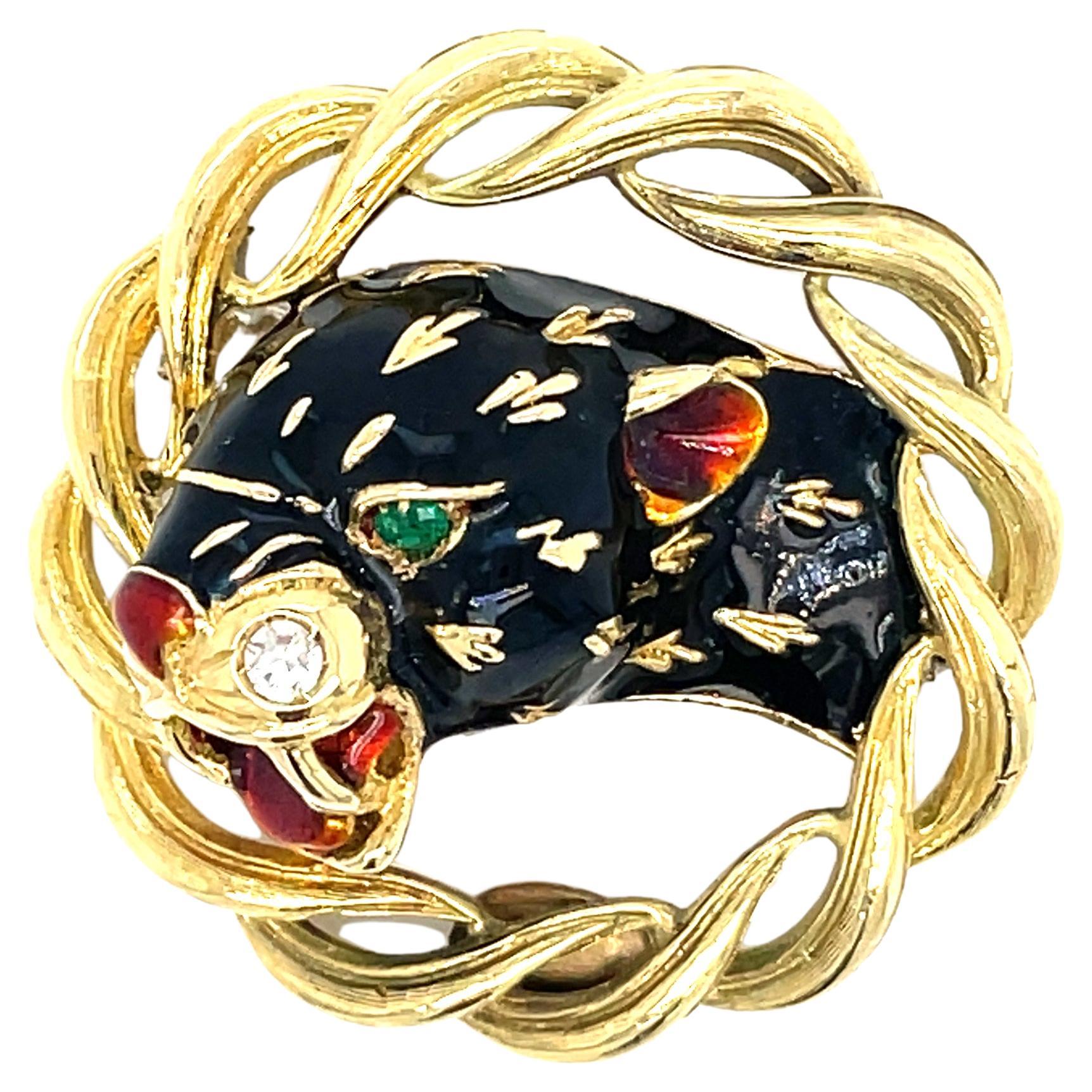 Elegant Sapphire Emerald Diamond Gold Panther Brooch at 1stDibs
