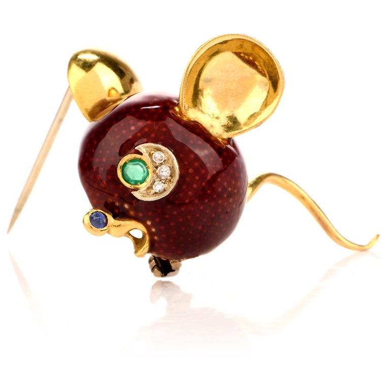 Frascarolo Vintage Mouse Diamond Emerald Enamel 18 Karat Gold Pin ...