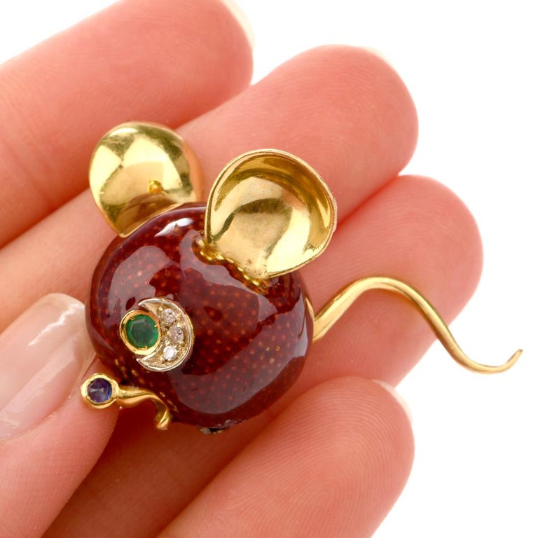 Frascarolo Vintage Mouse Diamond Emerald Enamel 18 Karat Gold Pin ...