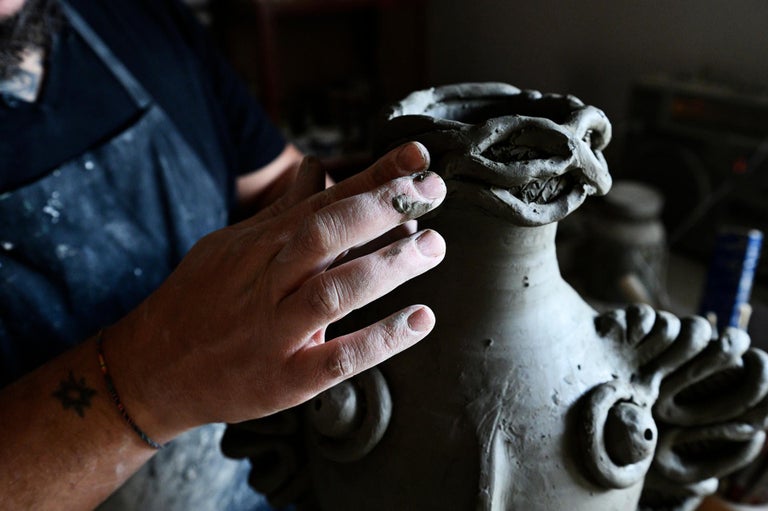 Freaklab Vase Made Entirely by Hand in Ceramic, Iridescent Blue Color For Sale at 1stDibs