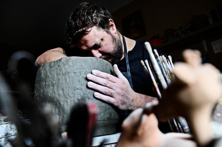 Freaklab Vase Made Entirely by Hand in Ceramic, Vintage Green Color For Sale at 1stDibs