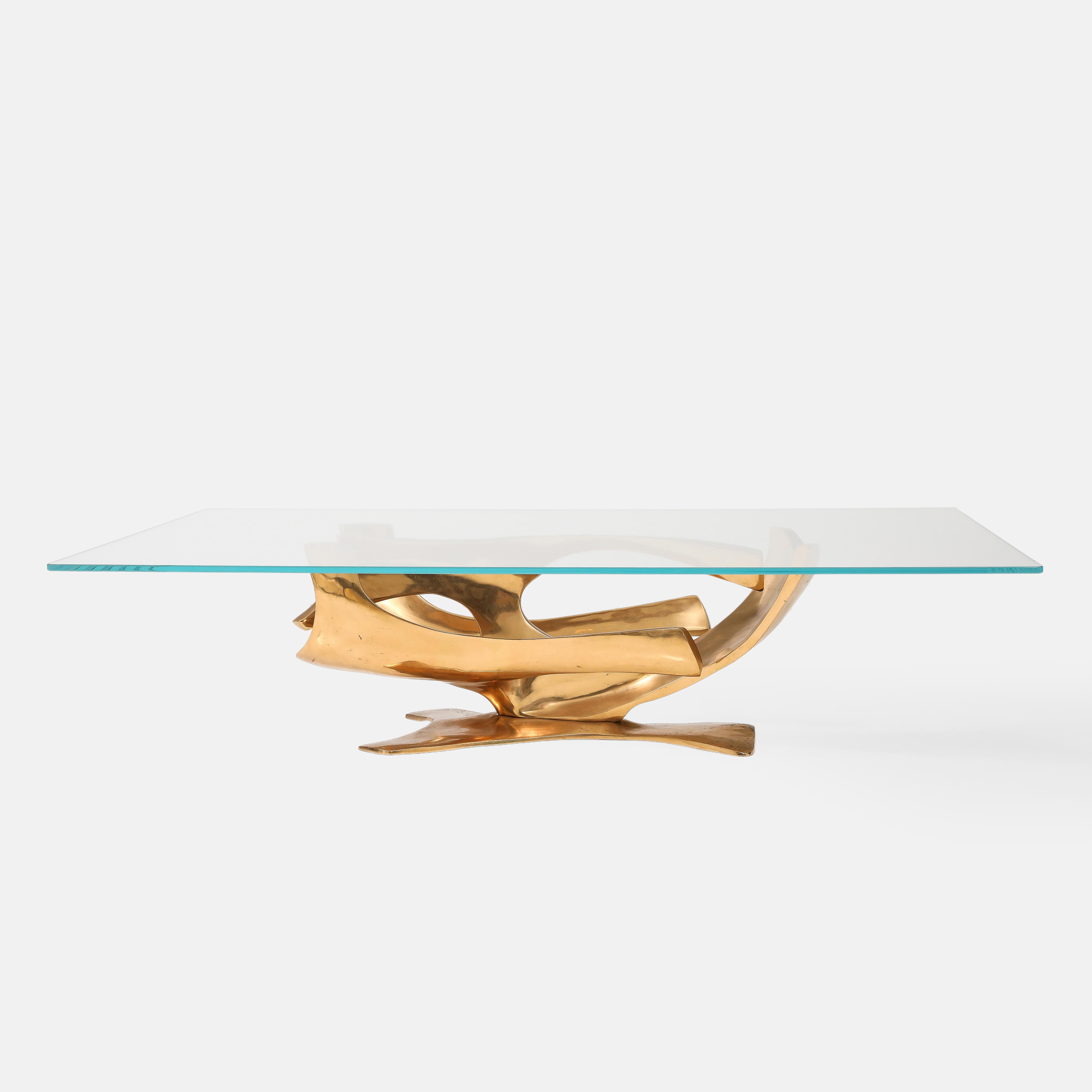 Fred Brouard Sculptural Cast Bronze and Rectangular Glass Coffee Table ...