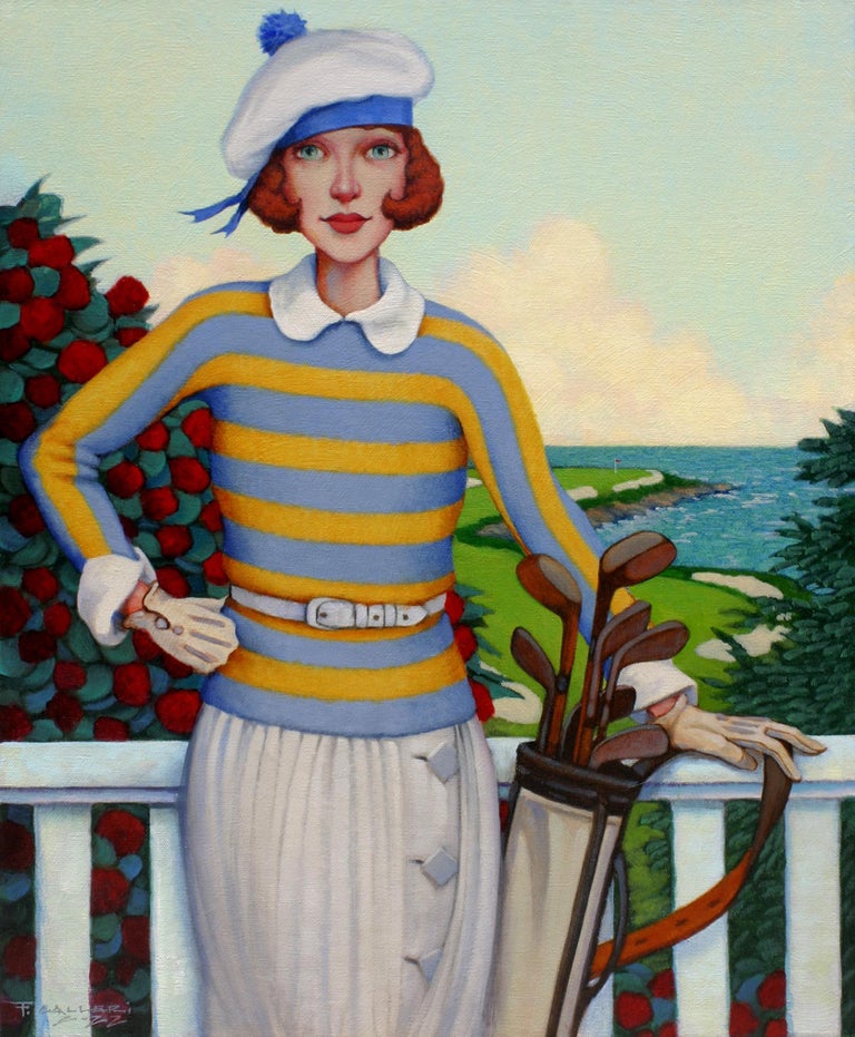 Fred Calleri - "Gin Fizz" Oil painting of Woman with striped shirt and ...
