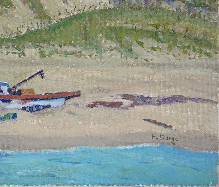 Fred Darge - Blue, Green, and Tan Shore With Boat Wreck and Mountains ...