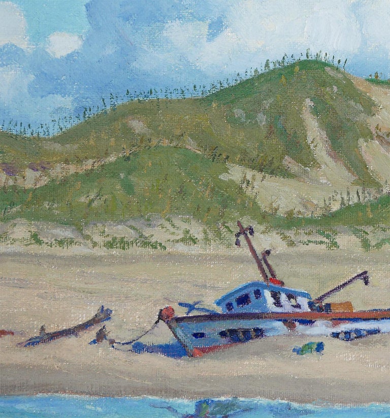 Fred Darge - Blue, Green, and Tan Shore With Boat Wreck and Mountains ...