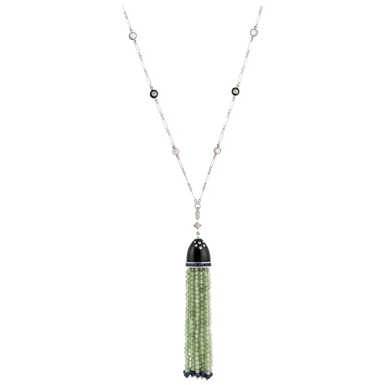 Fred Leighton Onyx And Jade Tassel Pendant Necklace In 18k White Gold