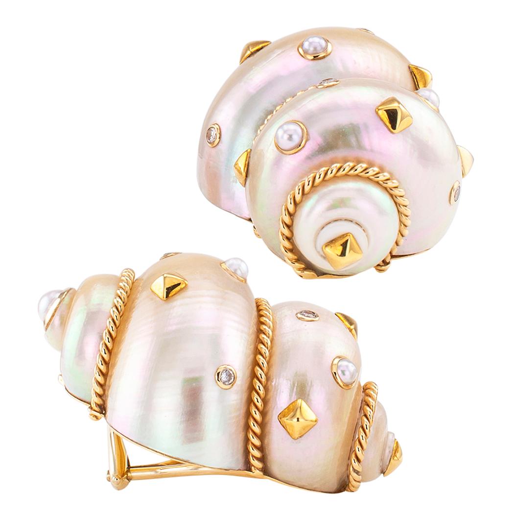 Fred Leighton Twin Shell Diamond Pearl Gold Ear Clips at 1stDibs ...