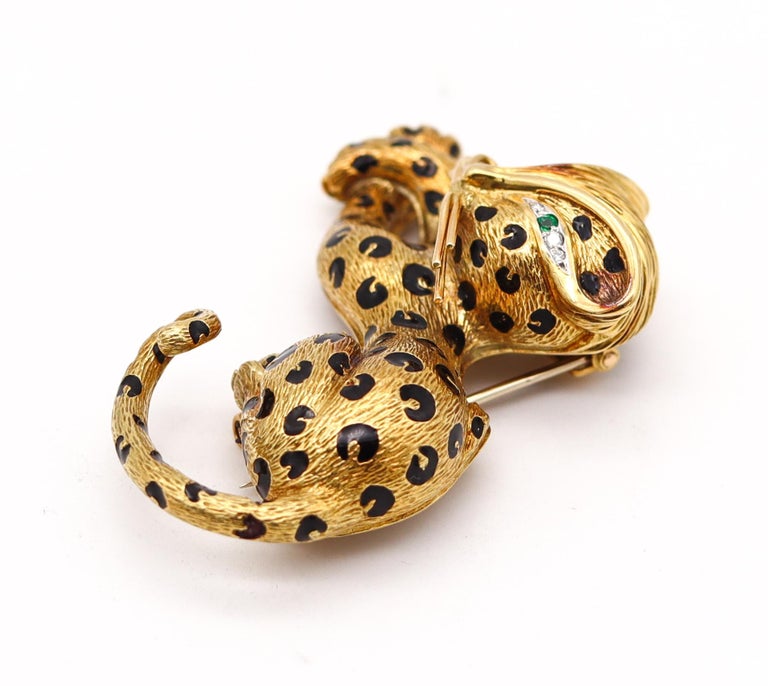 Fred of Paris 1970 Enamel Sauvage Cat Brooch 18k Gold with Diamonds and ...