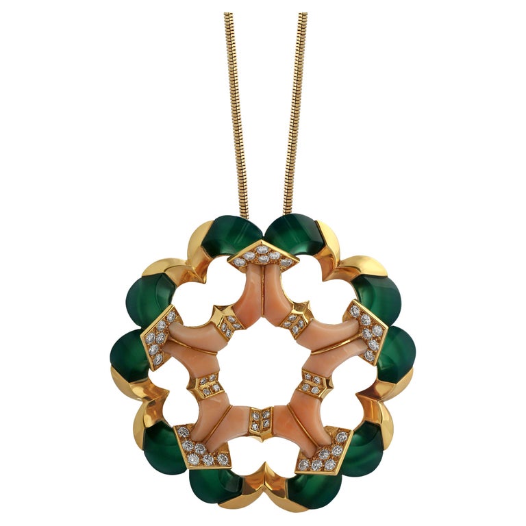 Fred Paris, A Gold, Coral and Chrysoprase Pendant For Sale at 1stDibs