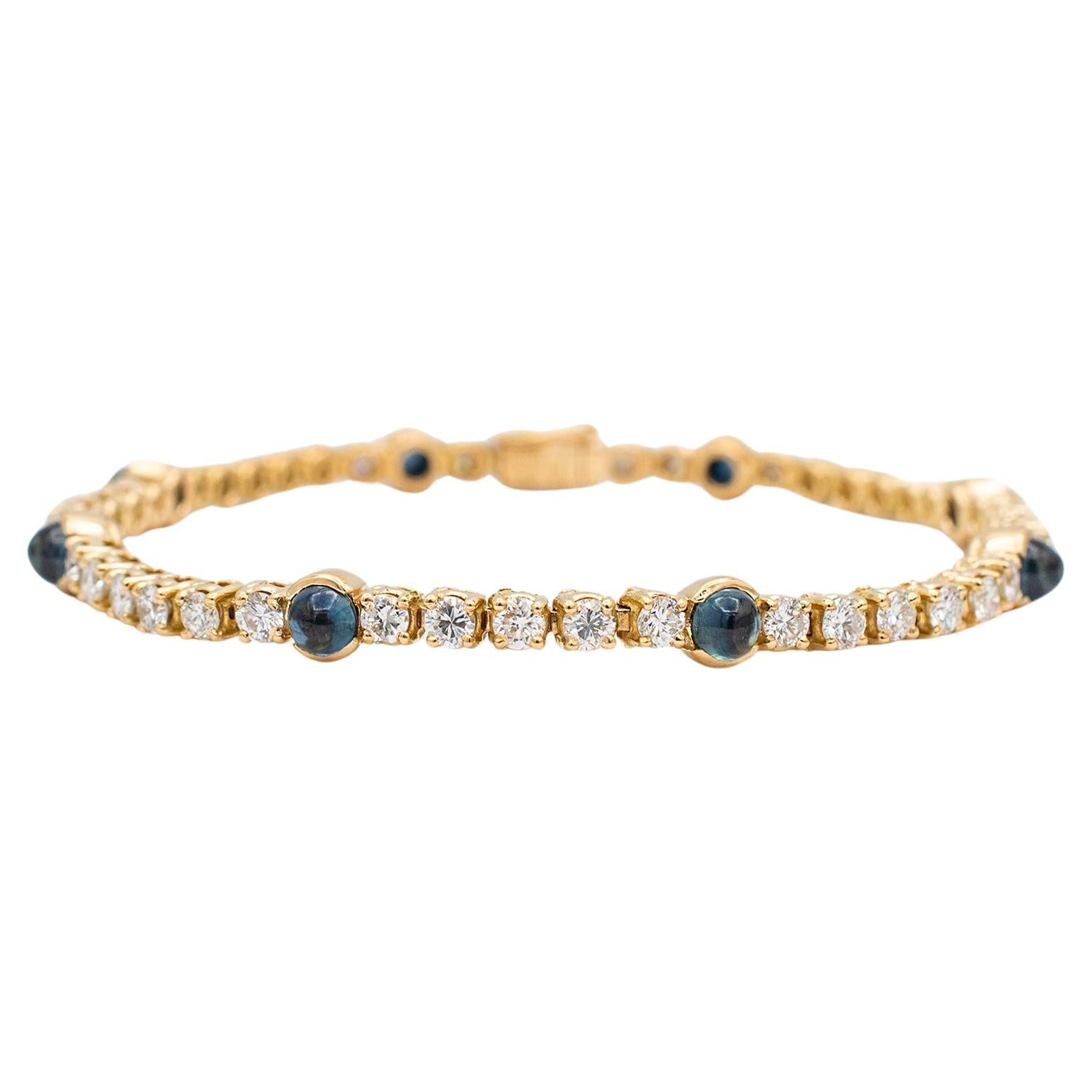 Fred Paris Ladies 18K Yellow Gold Diamond Sapphire Tennis Bracelet For ...