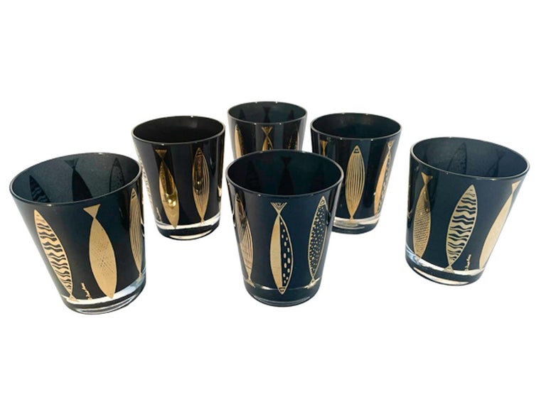 Fred Press "Gold Fish" Double Old Fashioned Glasses, 22k Gold on Black ...