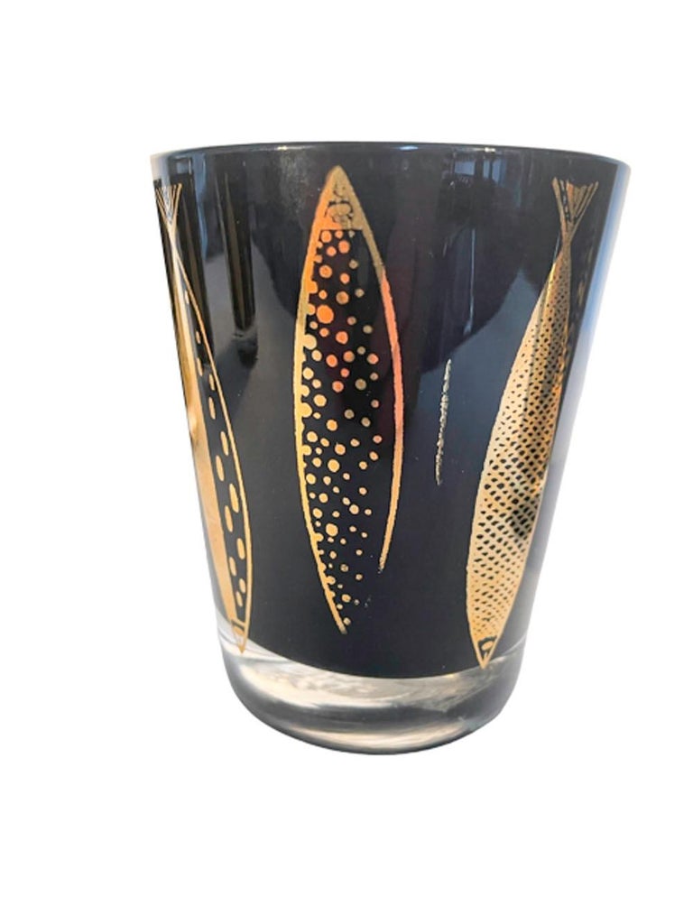 Fred Press "Gold Fish" Double Old Fashioned Glasses, 22k Gold on Black ...