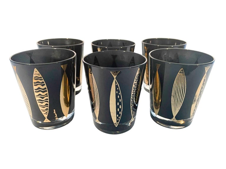 Fred Press "Gold Fish" Double Old Fashioned Glasses, 22k Gold on Black ...