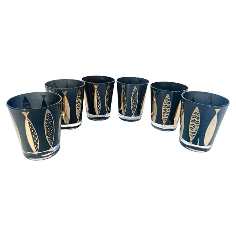 Fred Press "Gold Fish" Double Old Fashioned Glasses, 22k Gold on Black ...