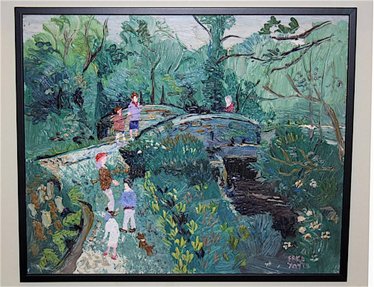 Fred Yates - On the Bridge A Landscape with figures Modern 20th Century ...