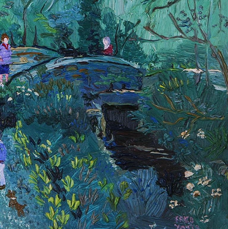 Fred Yates - On the Bridge A Landscape with figures Modern 20th Century ...