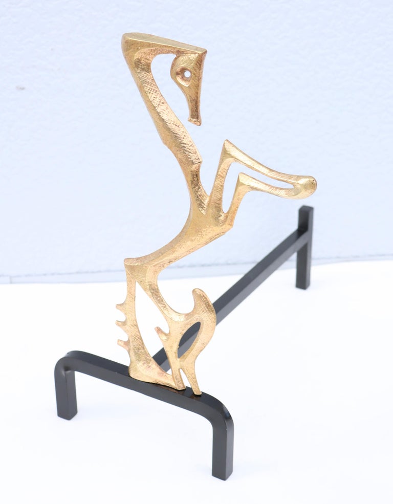 Frederic Weinberg Solid Brass 1960's Andirons For Sale at 1stDibs
