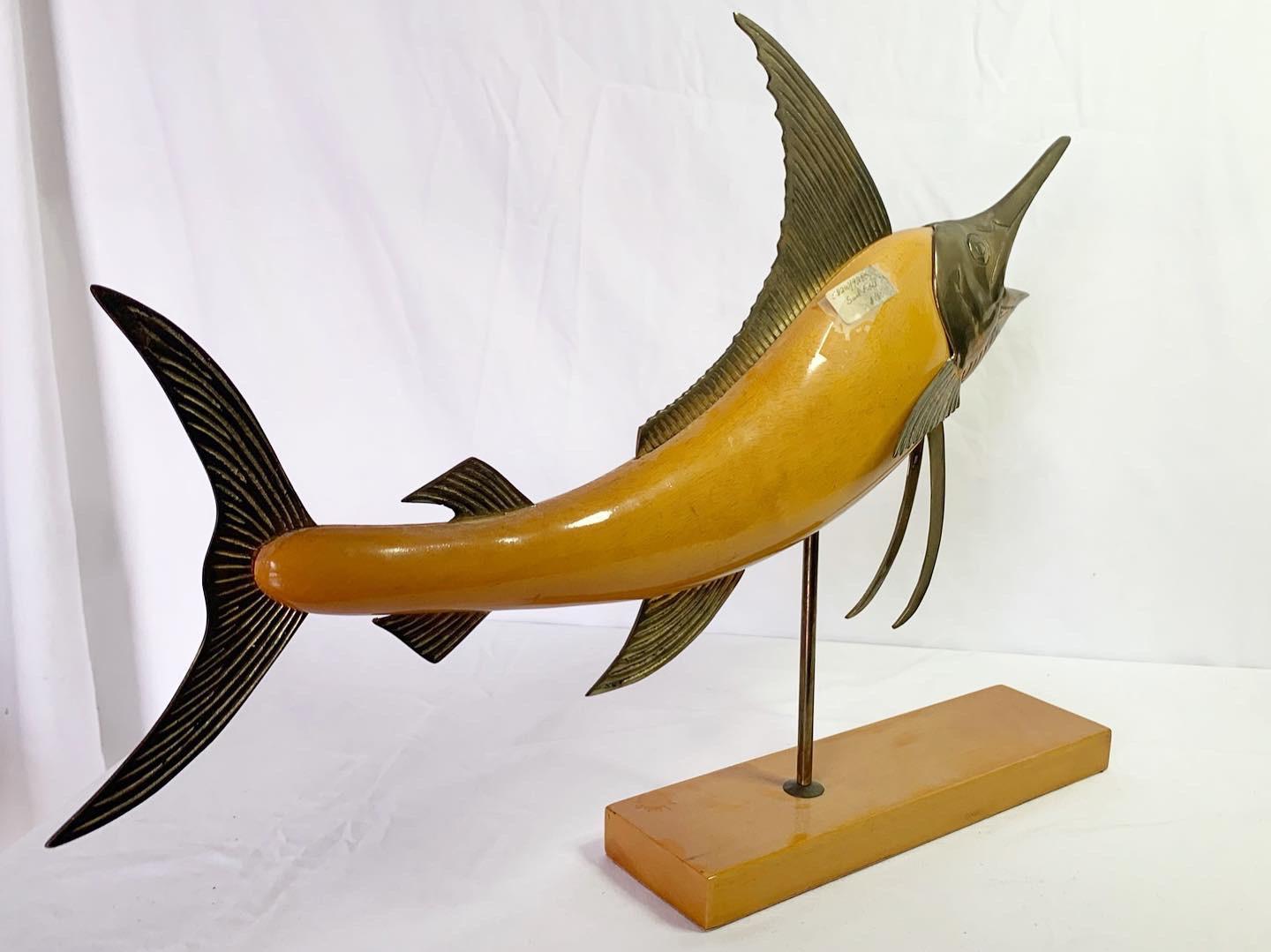 Frederick Cooper Style Mid-Century Brass and Wood Sailfish Sculpture at ...