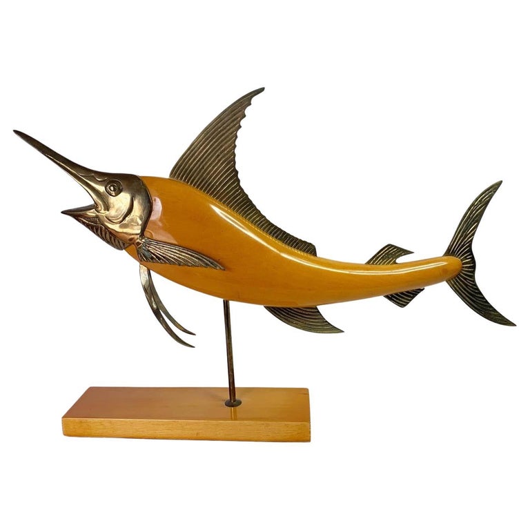 Frederick Cooper Style Mid-Century Brass and Wood Sailfish Sculpture at ...