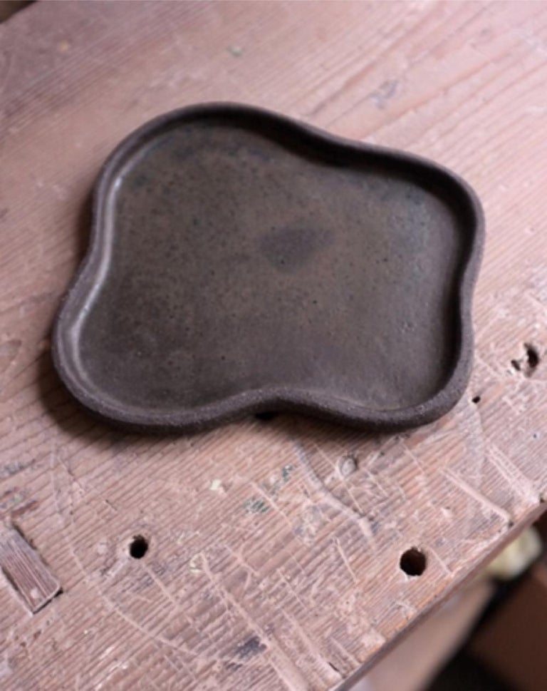 Free Form Puddle Plate in Black Truffle Clay with Matte Midnight Blue ...