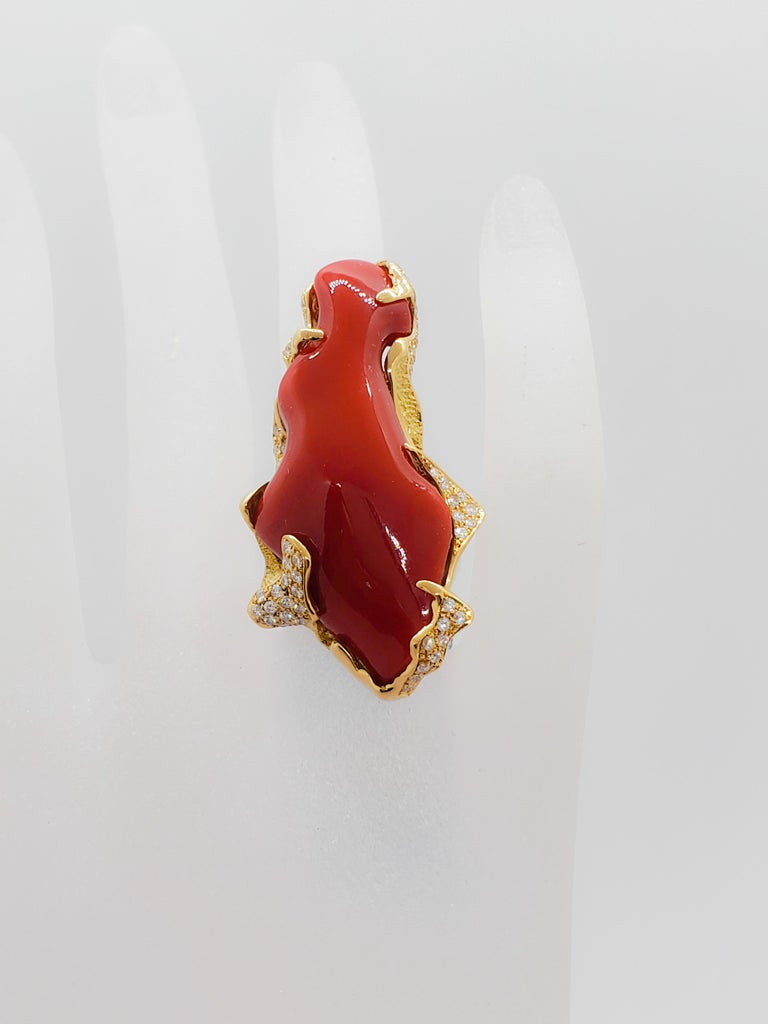 Free Form Red Coral and White Diamond Ring in 18 Karat Yellow Gold For ...