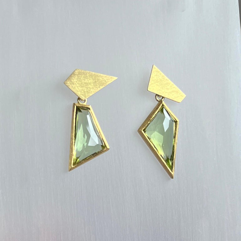 Freeform Green Tourmaline Drop 18ct Yellow Gold Asymmetric Earrings For ...
