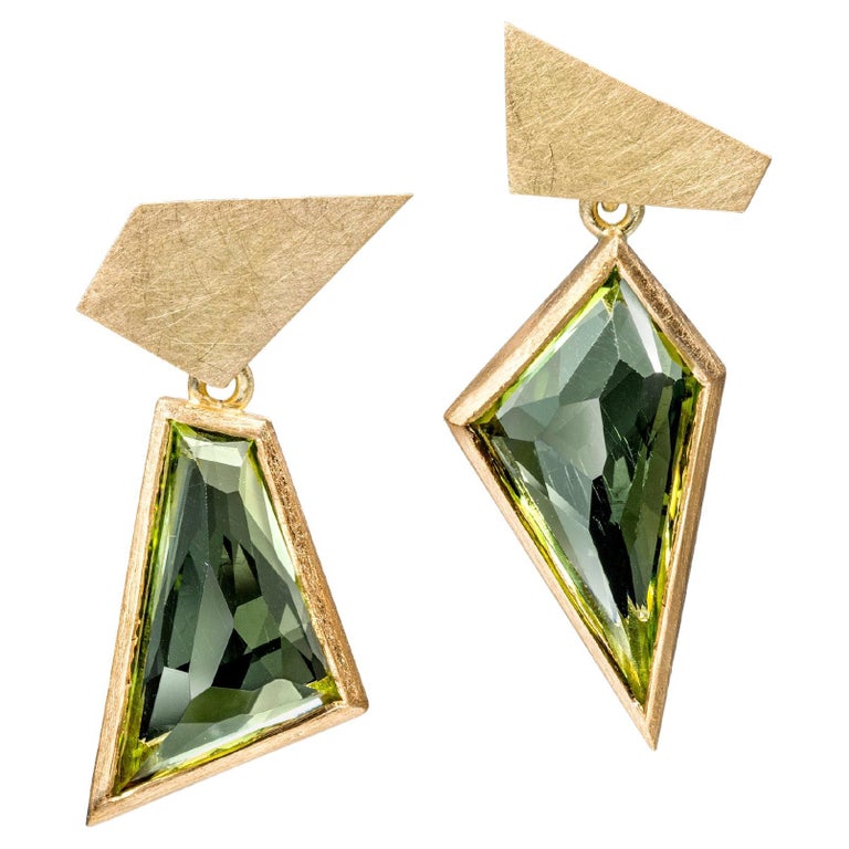 Freeform Green Tourmaline Drop 18ct Yellow Gold Asymmetric Earrings For ...