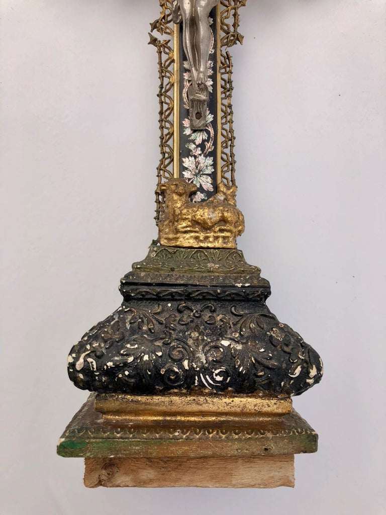French 1700s Large Crucifix Made of Wood, Metal, Plaster and Mother-of ...